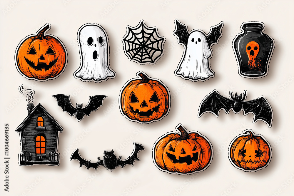 planche d'illustrations, stickers, halloween, fantômes, citrouilles ...