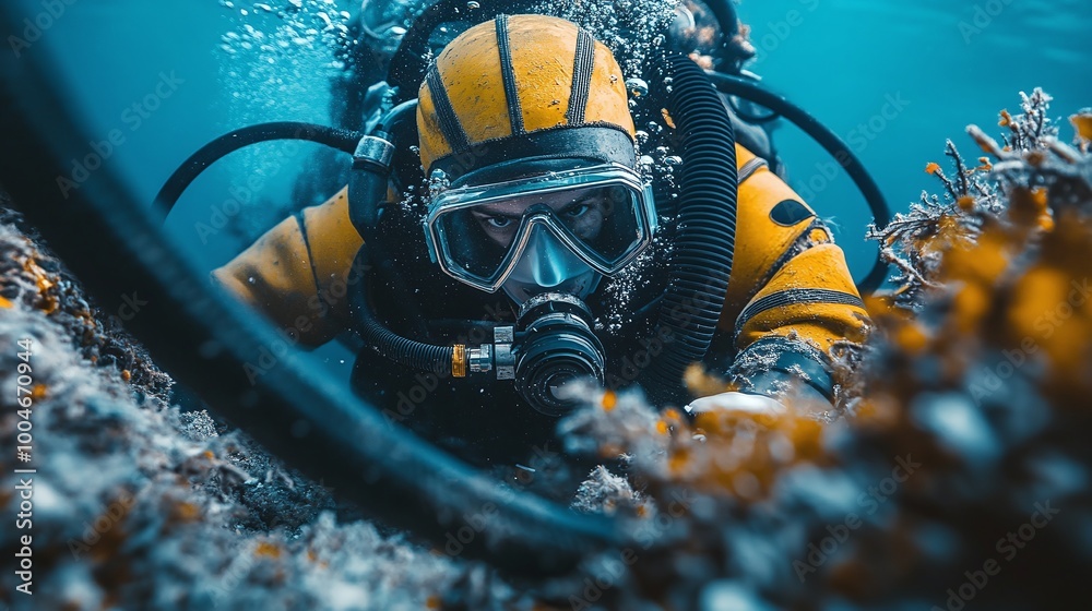 professional diver underwater repairing and inspecting a submarine ...