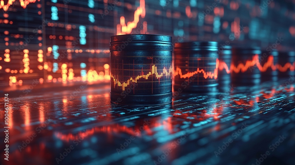oil barrels with stock market graph and oil rig background representing ...