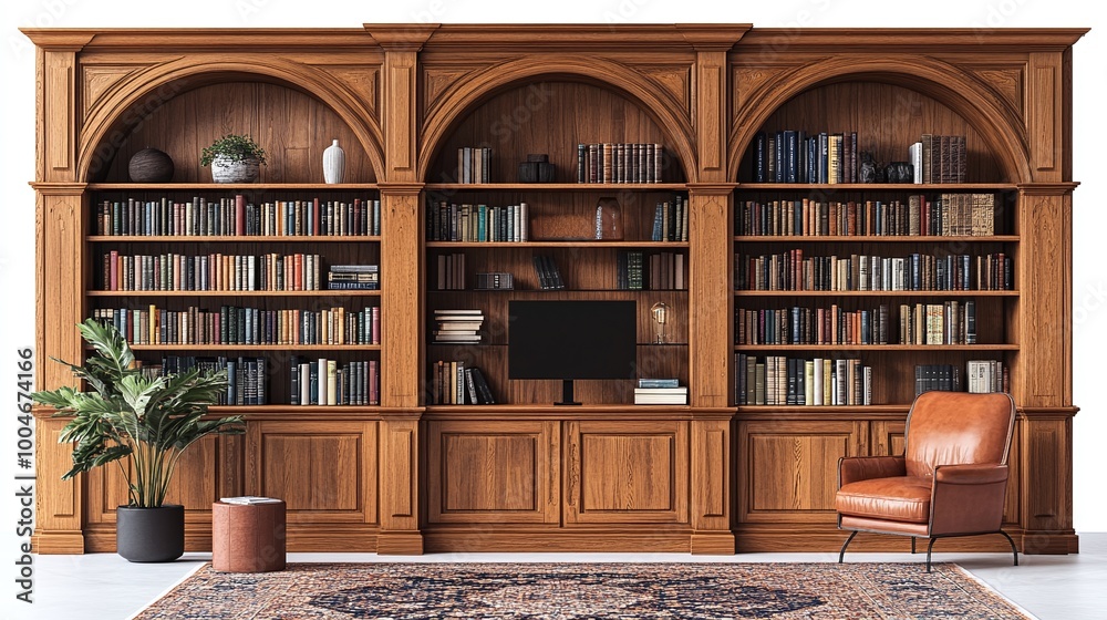 traditional oak wood bookcase with shelves of hardcover books ...
