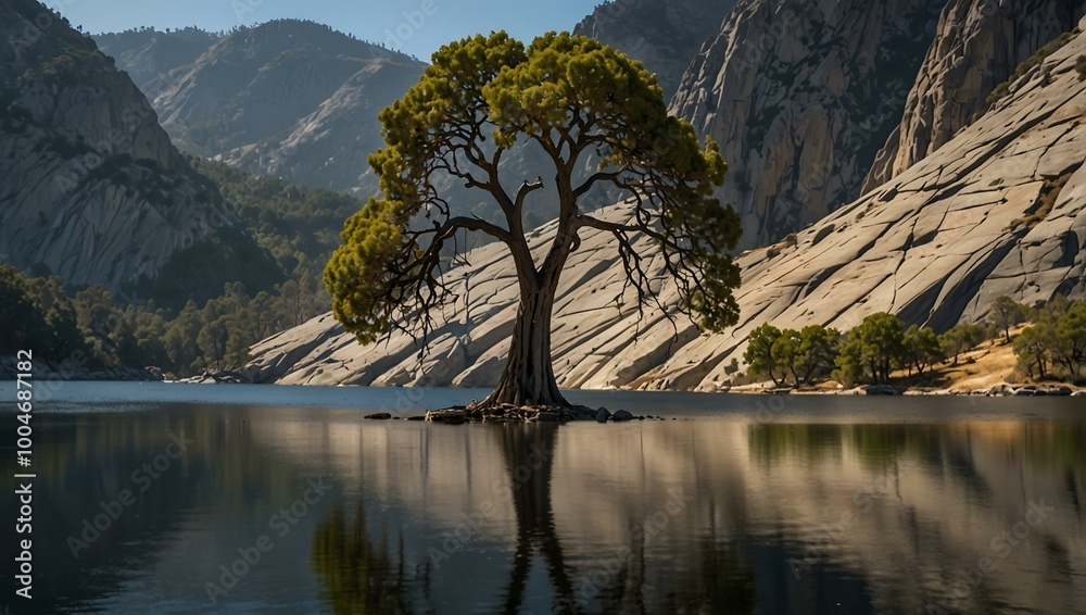 Hetch Hetchy water reservoir with a lonely tree in the foreground ...