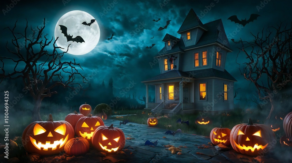 Spooky halloween night with haunted house, pumpkins, and bats under ...