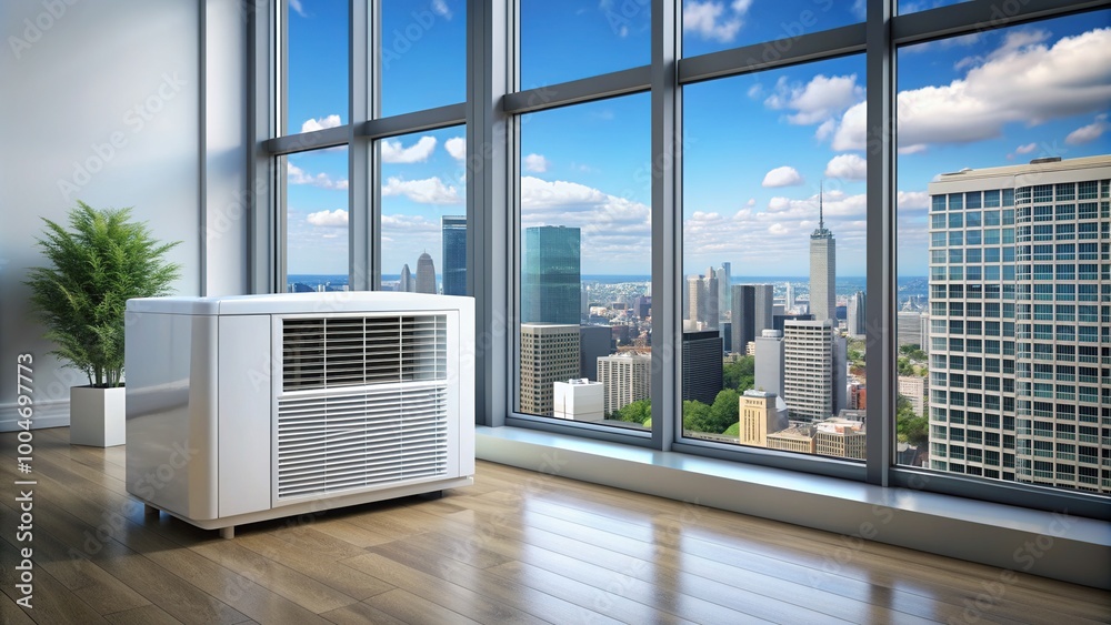 Modern white window air conditioning unit installed in a sleek urban ...