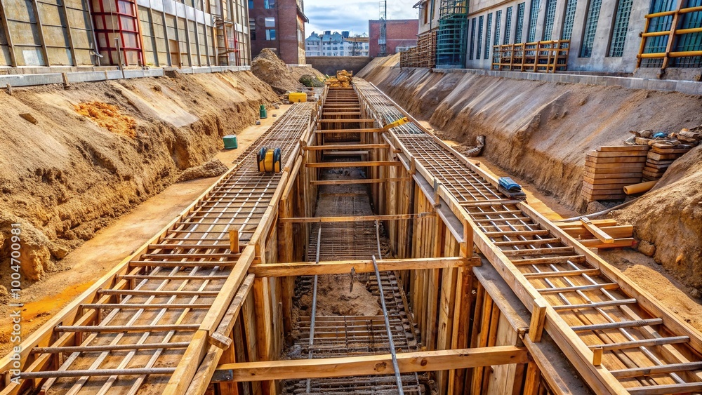 A deep trench excavated for construction of a new building, with steel ...