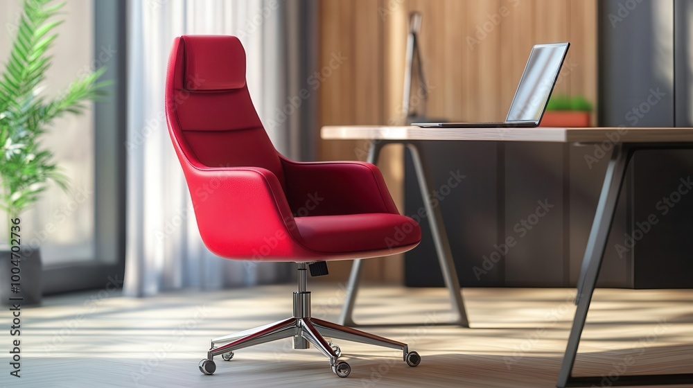 chic red office chair facing a sleek desk with a laptop stylish modern ...