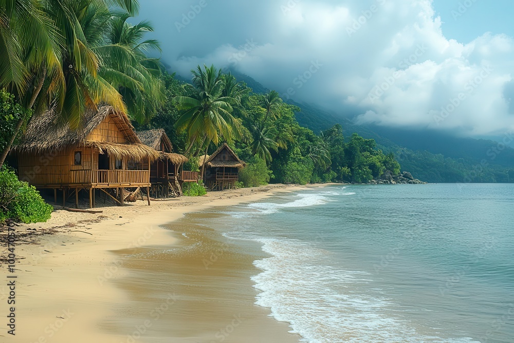 a serene tropical beach features an uninhabited bamboo house village ...
