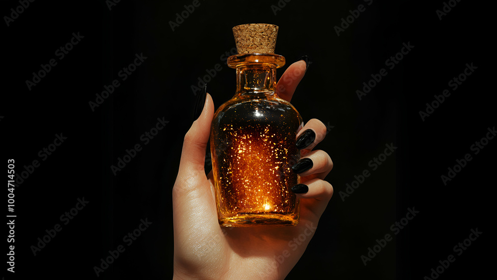 An enchanting vial brimming with radiant golden light, held securely by ...