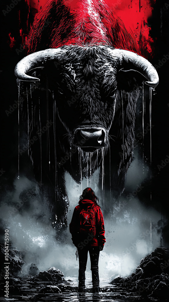 Powerful surreal scene of a lone figure facing a massive bull in a ...