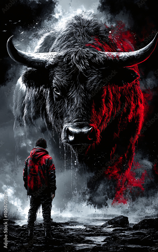 Powerful surreal scene of a lone figure facing a massive bull in a ...