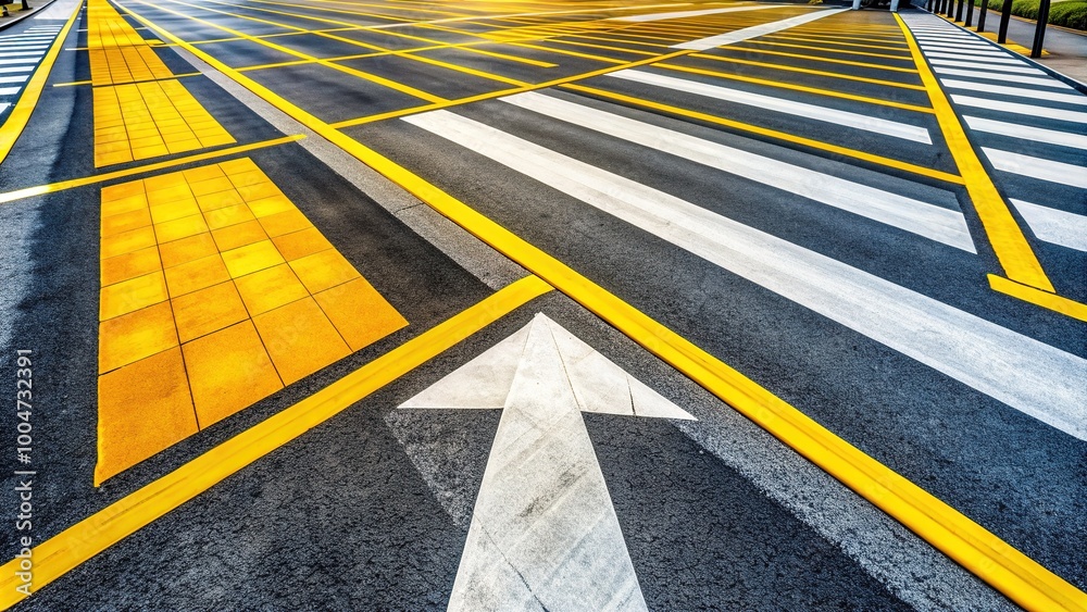 Freshly painted yellow and white pavement markings on a clean asphalt ...