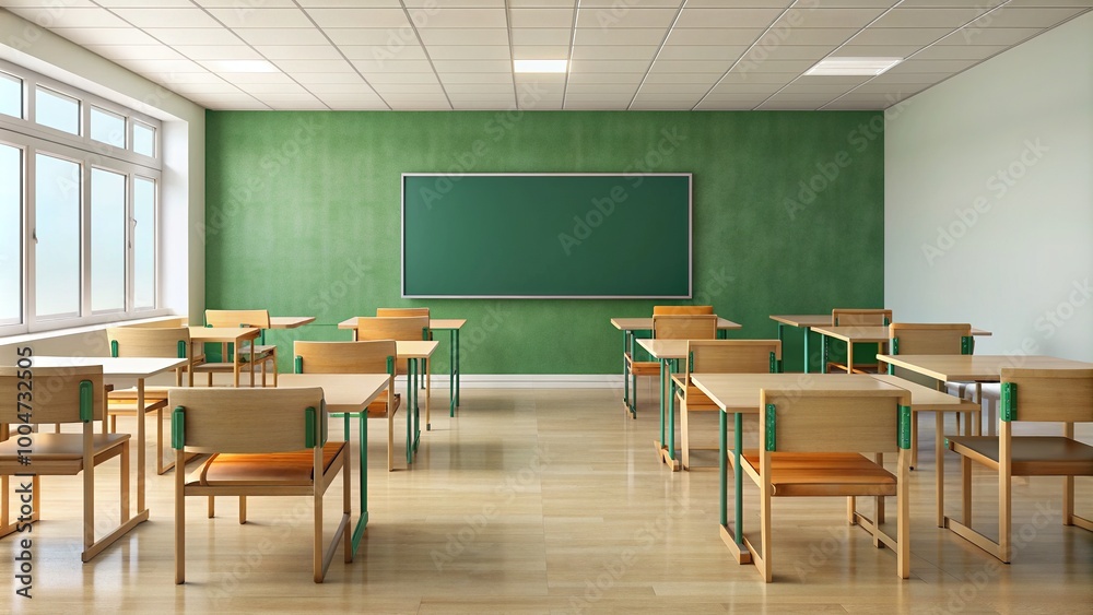 Clean and minimalistic empty classroom background with wooden tables ...
