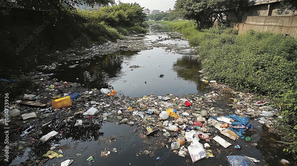 Pollution contaminates rivers, harming aquatic life and ecosystems. The ...