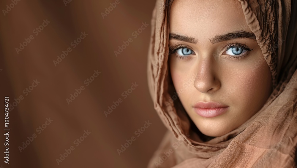 Portrait of a glowing beautiful muslim woman isolated against brown ...