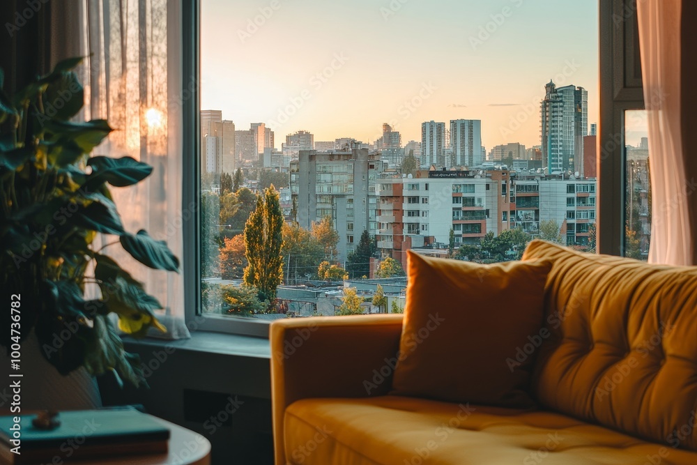 A breathtaking view from a modern skyscraper, where sleek interior ...