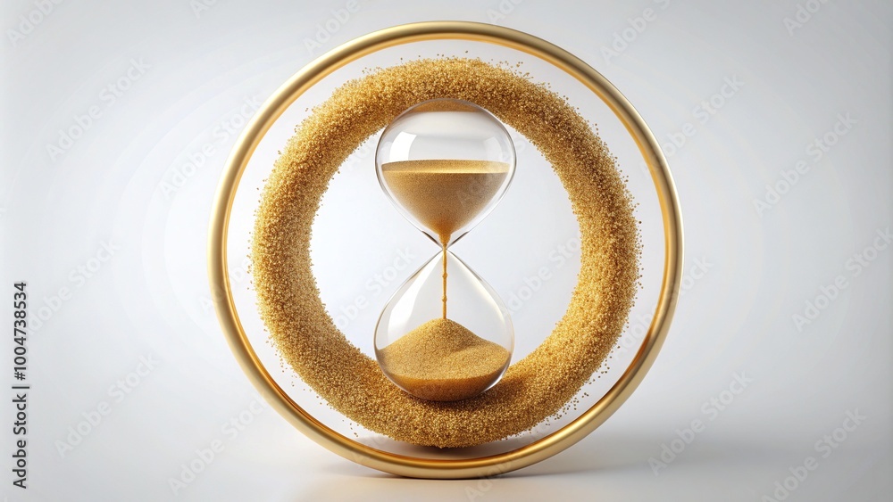 Golden grains of sand flowing through a minimalist hourglass, forming a ...