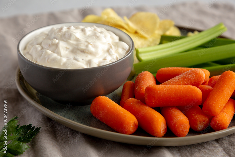 Homemade Carmelized Onion Dip with Baby Carrots, Chips and Celery, side ...