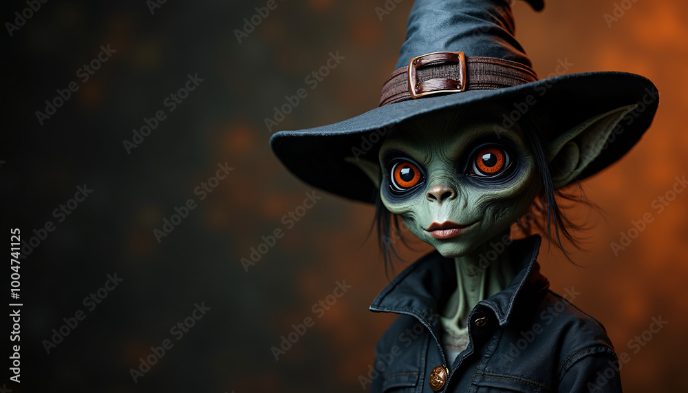 Photorealistic masterpiece alien with Halloween witch's hat on the ...