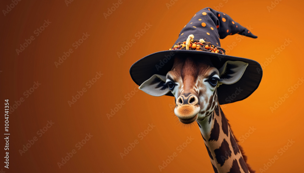 Photorealistic masterpiece giraffe with Halloween witch's hat on the ...