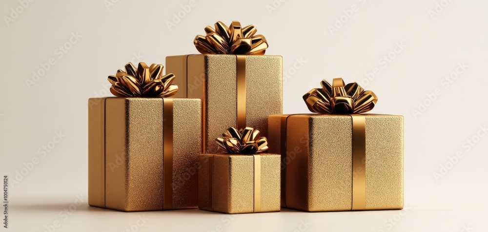 Three golden gift boxes in various sizes adorned with elegant bows for ...