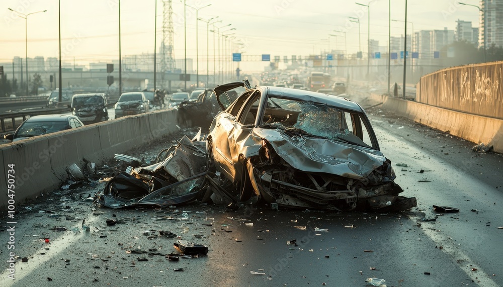 Wrecked car on highway after a serious accident, showcasing the ...