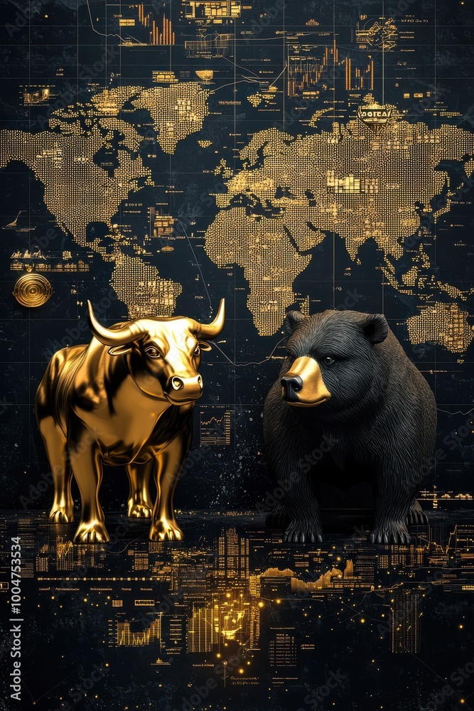 Golden bull and bear figures standing before a world map representing ...