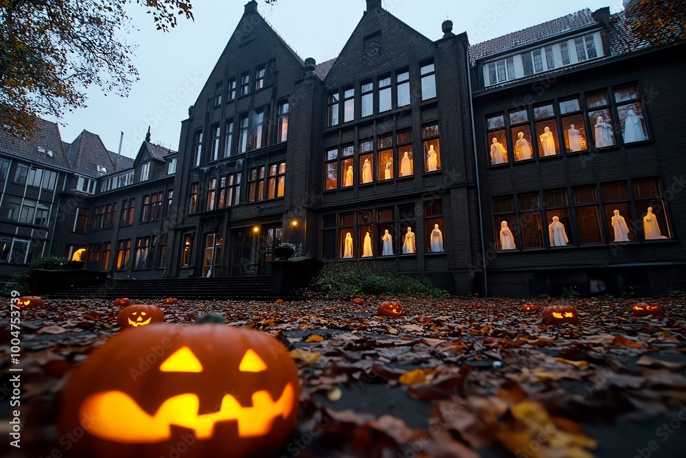 A haunted school building with eerie Halloween decorations, where ...