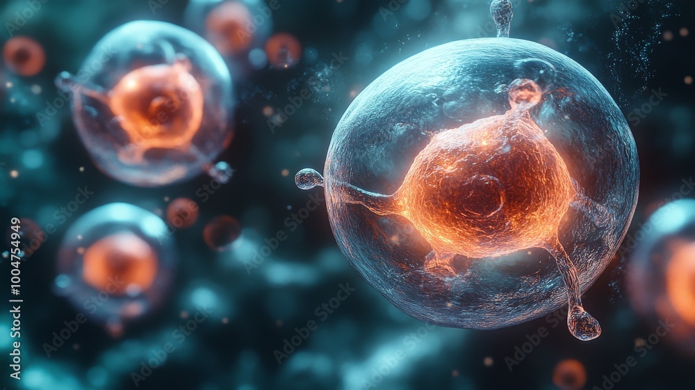A detailed illustration of exosomes being released from a cell, with ...