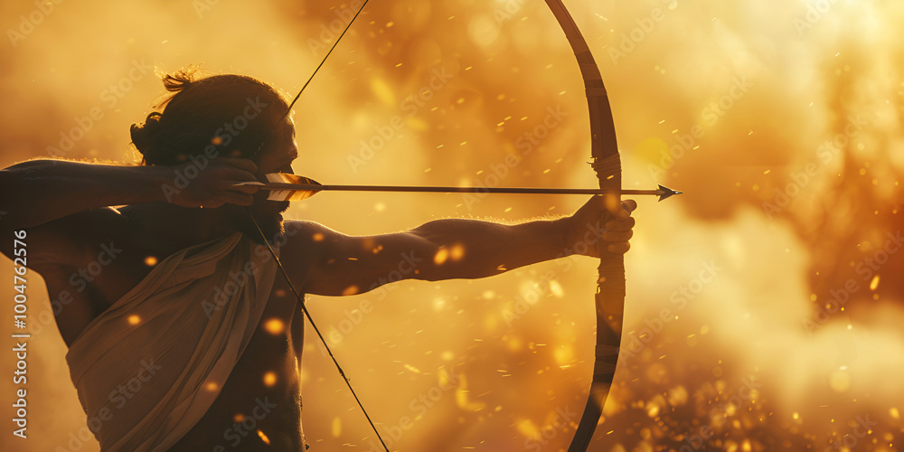 Archer aiming bow and arrow in a fiery environment, Warrior preparing ...