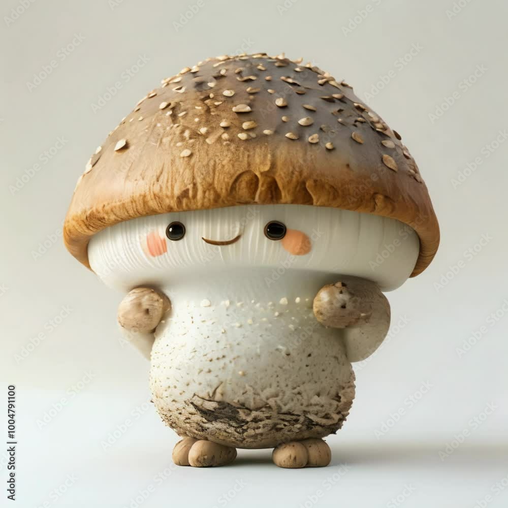 This delightful cartoon champignon mushroom features a cute face and a ...