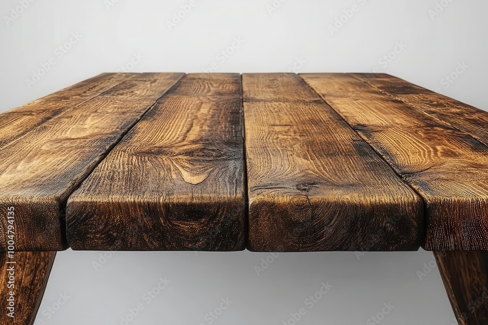 dark brown wooden table presented headon against a clean white ...