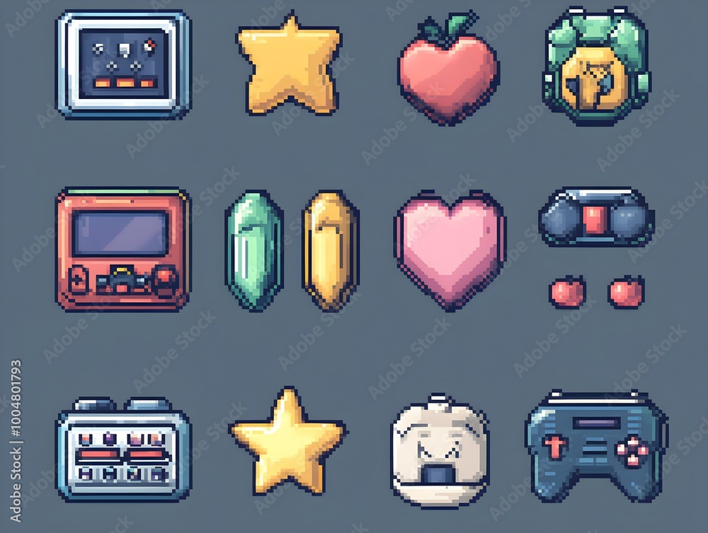 Pixel game icon. Retro video games element, arcade UI button, digital console 8-bit interface ...