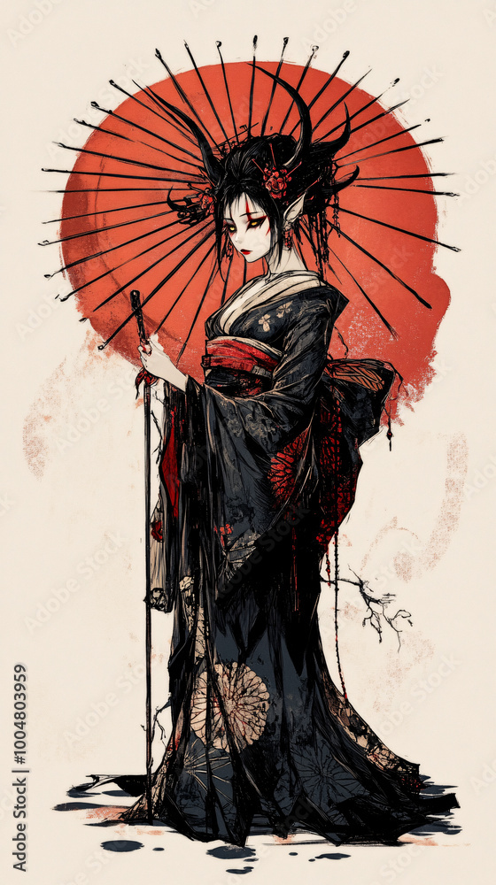 Stylized demon geisha illustration featuring traditional Japanese ...