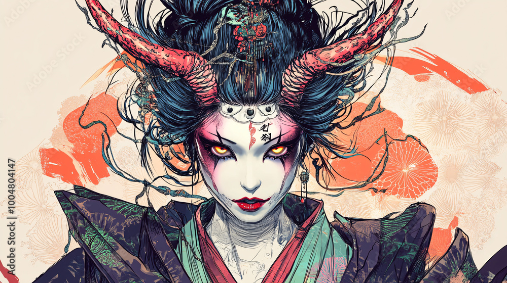 Stylized demon geisha illustration featuring traditional Japanese ...