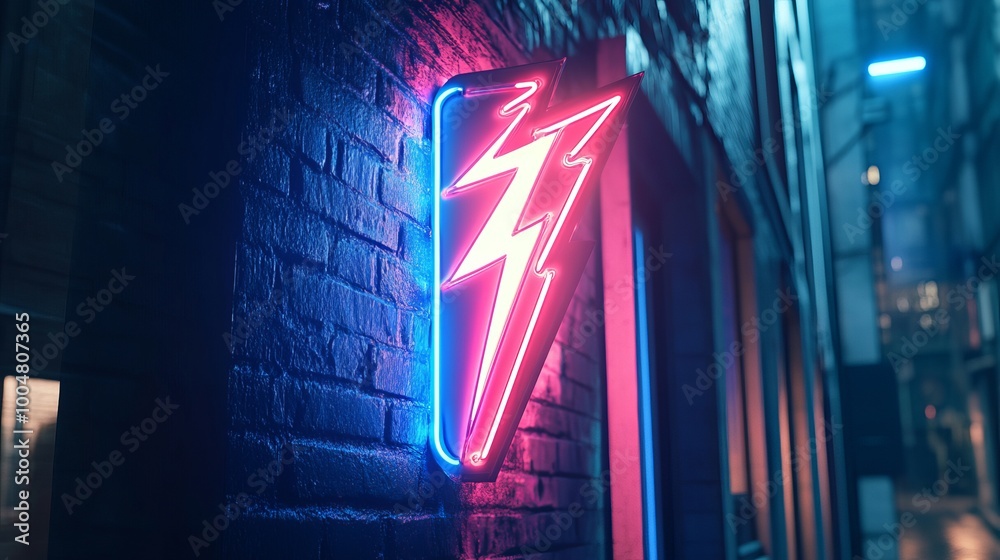 High-voltage neon blue lightning bolt sign, embodying modern design ...