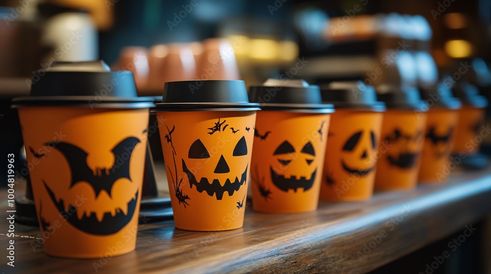 Spooky halloween coffee cups with jack-o'-lantern and bat designs ...