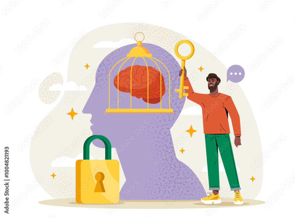 Brain in prison. Man with golden key in his hand near cage with brain ...