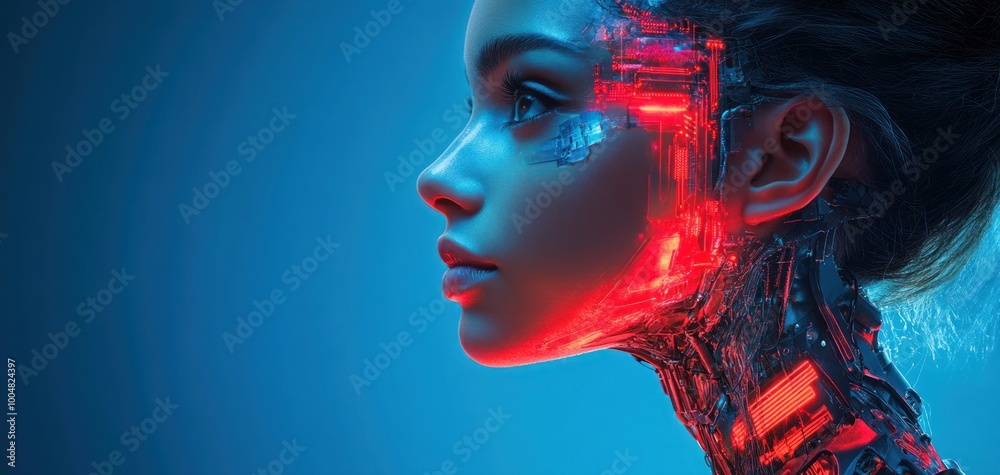 A beautiful iridescent woman cyborg with intricate wiring and circuitry ...