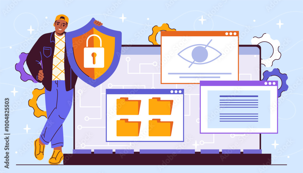 Man with data center secure. Young guy with shield near laptop with ...