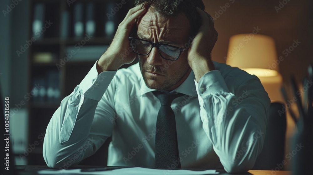 Stressed businessman in white shirt and tie clutches his head, looking ...