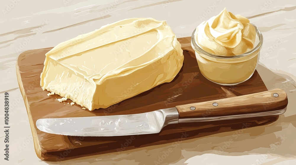 Butter, margarine, spread, and other dairy products with an iron table ...