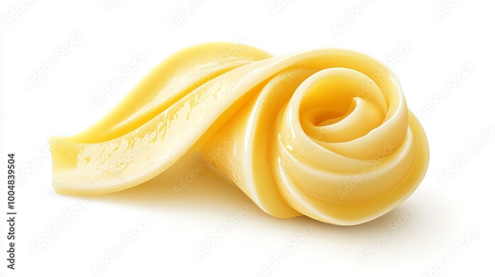 A realistic butter curl resting on a metal knife. Swirls of margarine ...