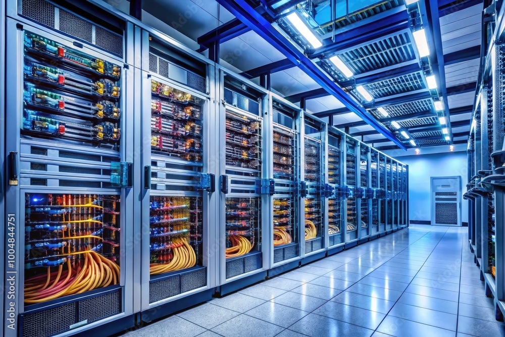 Detailed view of server room cabling and network equipment in a modern ...