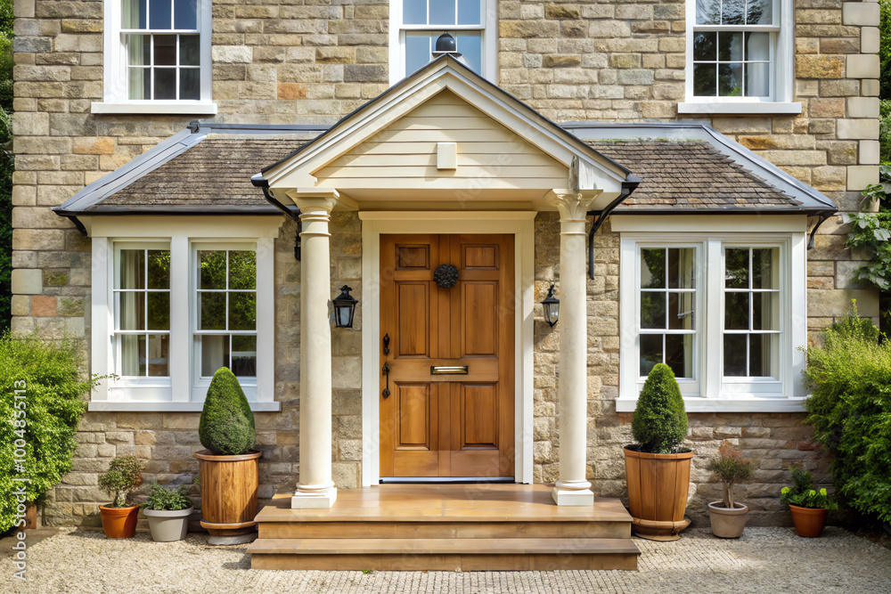 Main entrance door in house. Wooden front door with gabled porch and ...