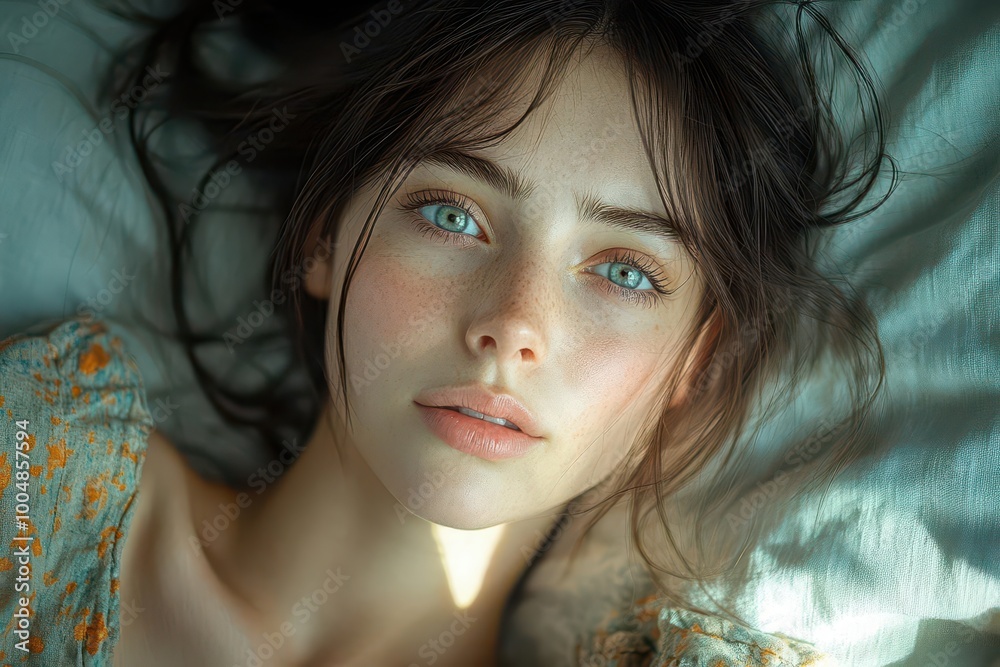 closeup of a sad woman lying on a bed capturing the raw emotion of ...