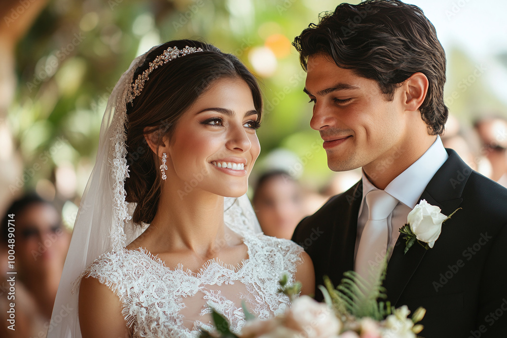 Traditional Mexican wedding ceremony with the bride and groom in ...