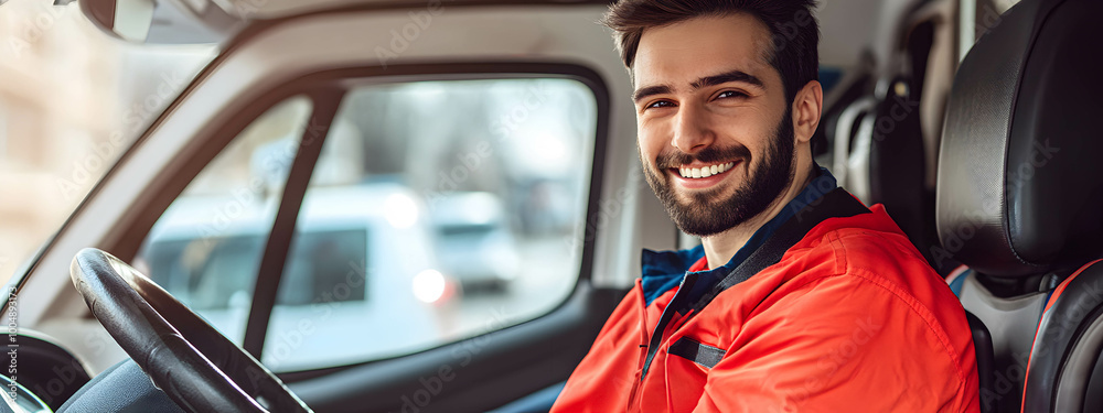 The ambulance driver sits behind the wheel and smiles. Medical ...