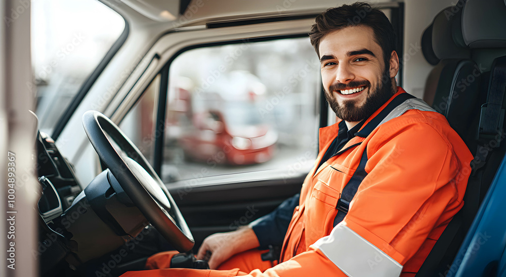 The ambulance driver sits behind the wheel and smiles. Medical ...