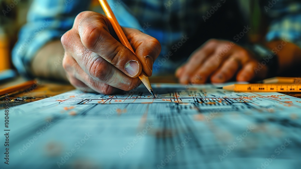 Hands meticulously sketching architectural designs on a blueprint, with ...
