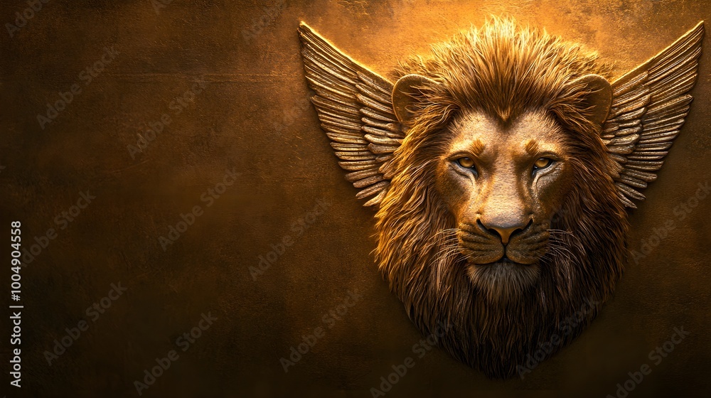 Overhead view of a majestic lion with detailed eagle wings, golden fur ...