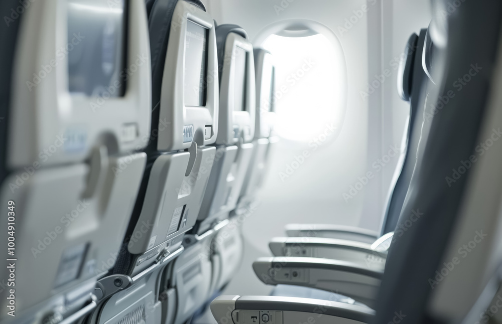 back view of plane seats with touchscreen and display, airplane row ...